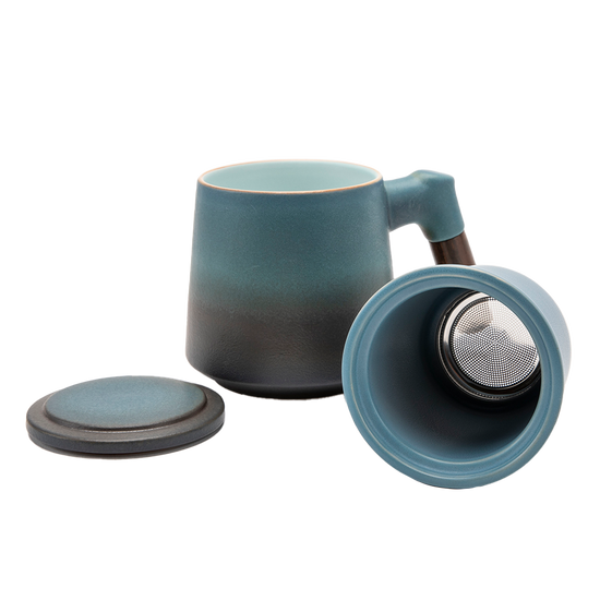 Blue Tea Infuser Cup with Lid and Wooden Handle | J-Life – J-Life ...